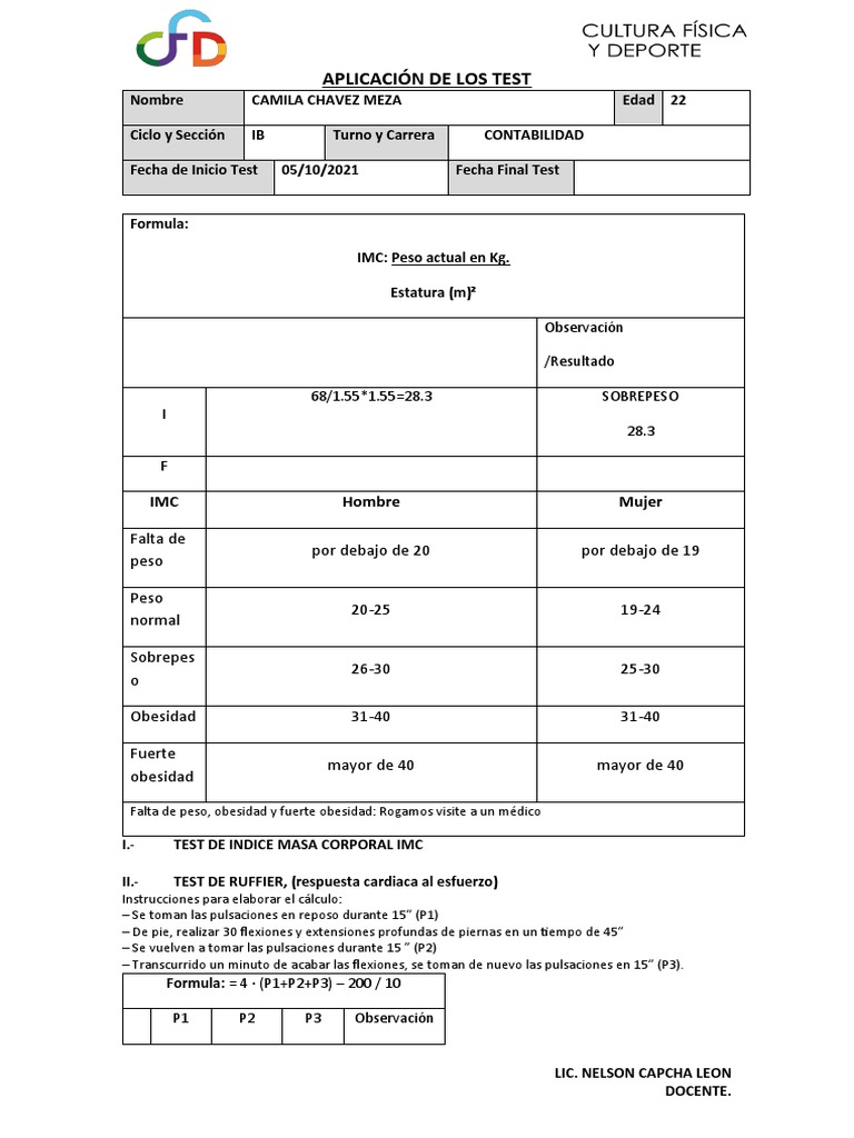 Ficha de Test CAMILA CHAVEZ | PDF | Índice de masa corporal | Obesidad
