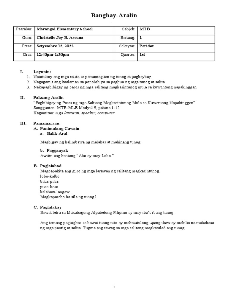 Banghay-Aralin: I. Layunin | PDF