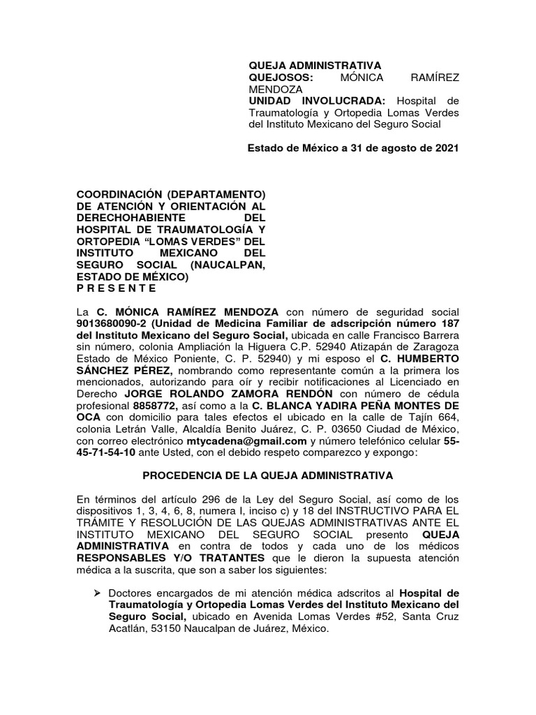 QUEJA ADMINISTRATIVA Formato | PDF | Hospital | Mano