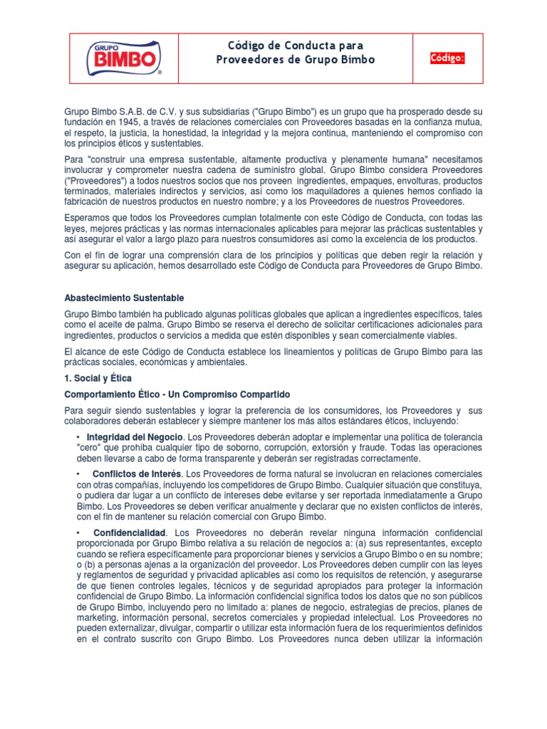 Bimbo - Supplier - Code - Conduct - Esp - Proveedores | PDF ...