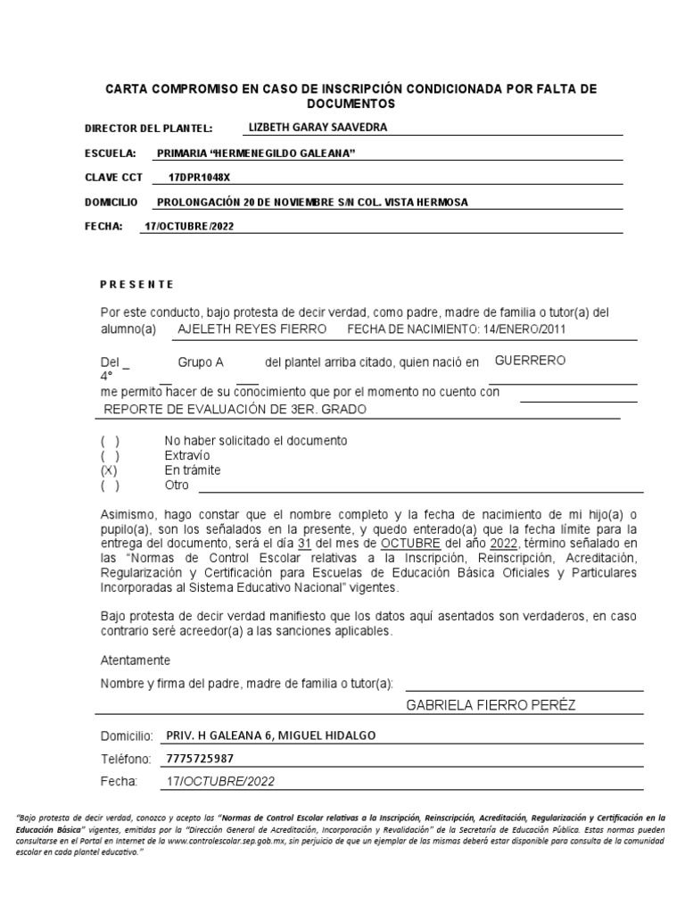 Carta Compromiso Por Falta de Documentos | PDF