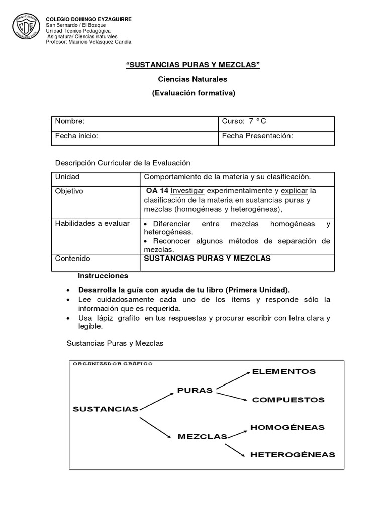 Sustancias Puras y Mezclas: Guía 7°C | PDF | Mezcla | Agua