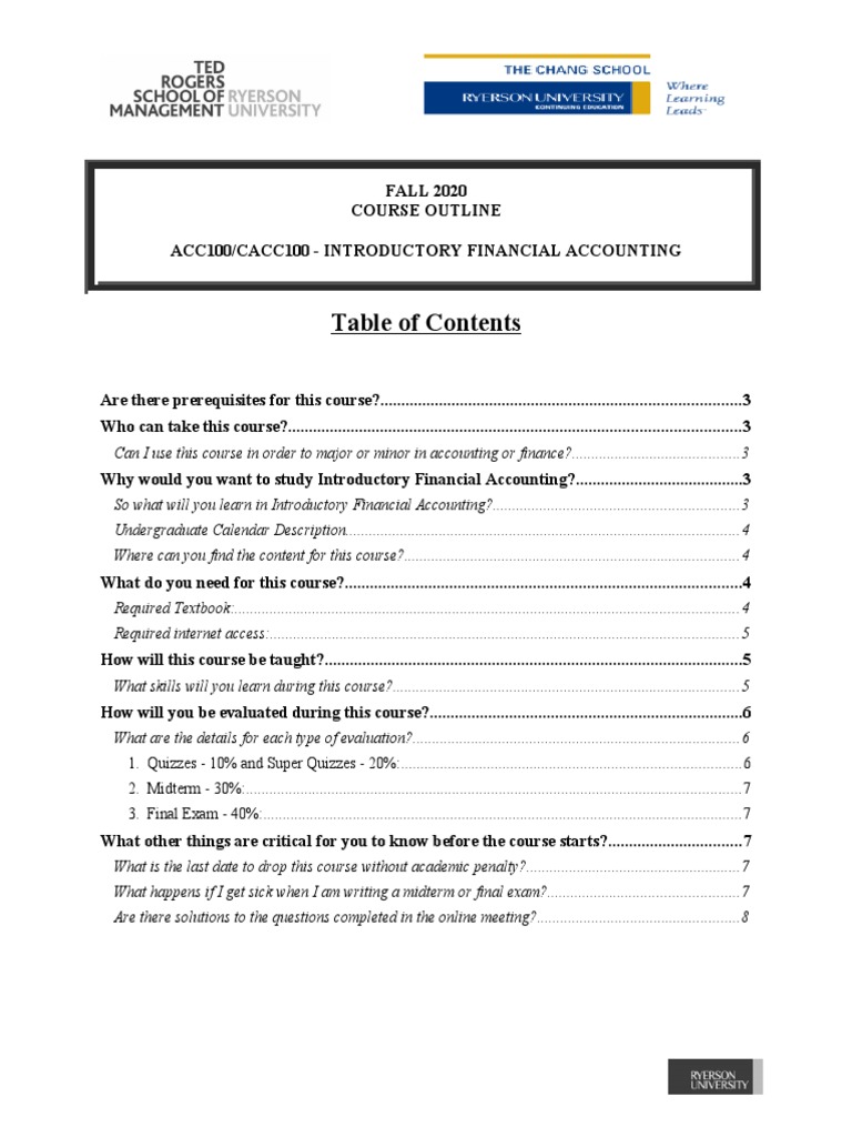 ACC100 - CACC100 - Course Outline - Fall 2020 | PDF | Test (Assessment ...