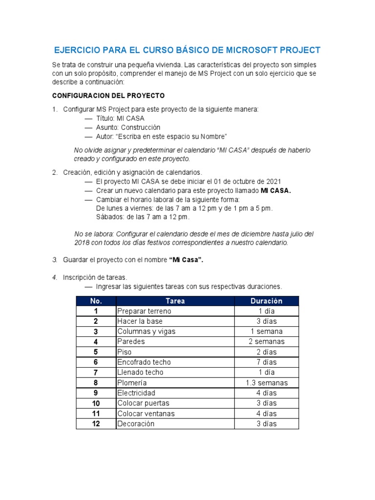 Ejercicio para El Curso Basico de Microsoft Project | PDF | Calendario