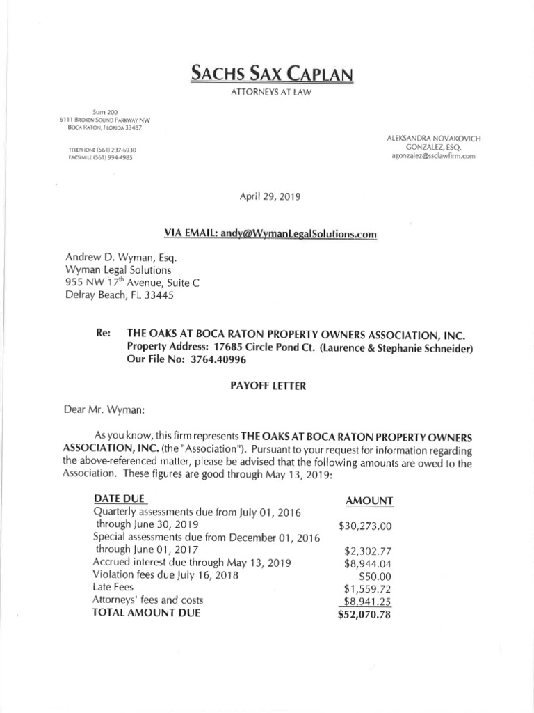 Payoff Letter From Gonzalez, Counsel Sachs Sax Caplan For Oaks at Boca ...