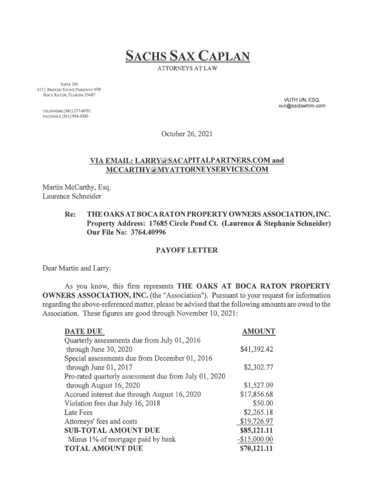Payoff Letter From Vuth Un, Counsel Sachs Sax Caplan For Oaks at Boca ...