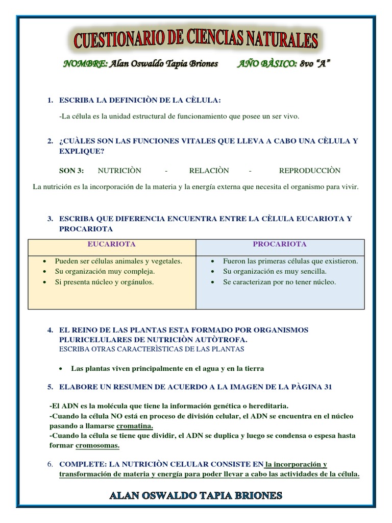 Alan Cuestionario Ccnn. Completo | PDF | Biología Celular) | Organismos