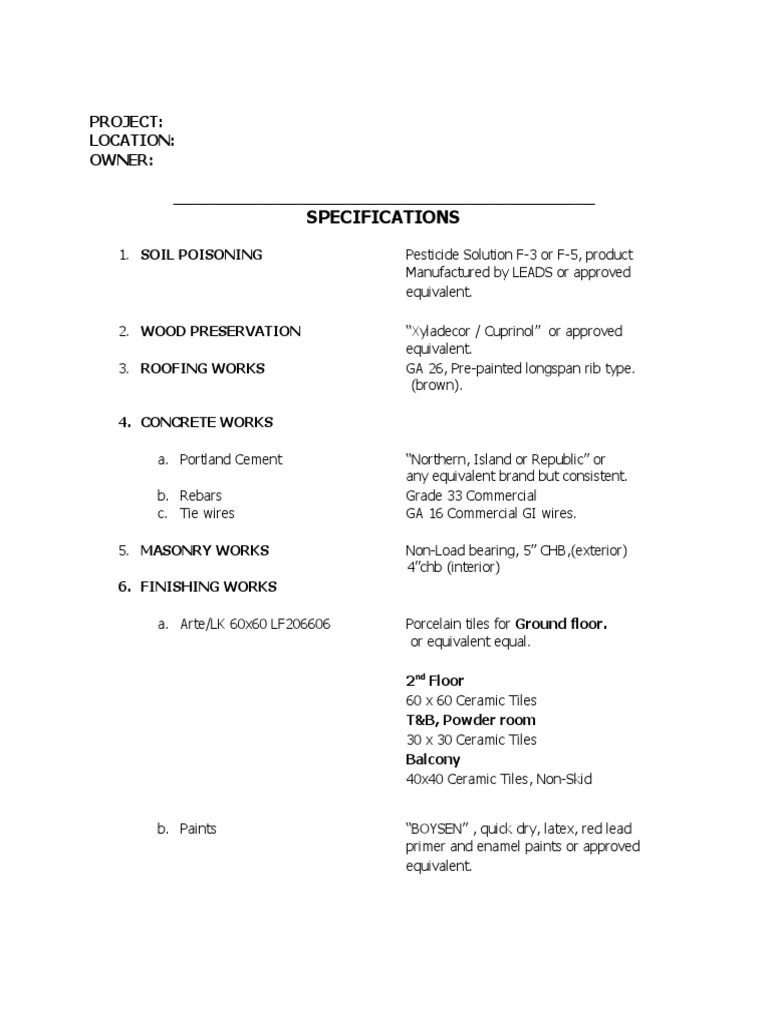 Project Specifications Summary | PDF | Door | Plumbing