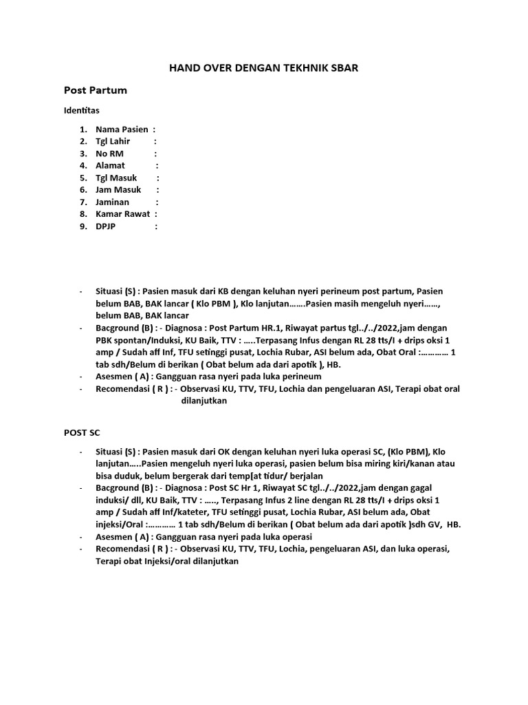 Hand Over Dengan Tekhnik Sbar | PDF