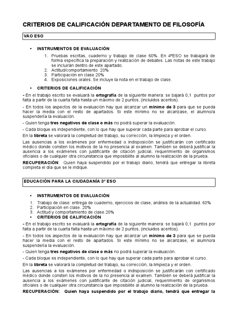 Criterios Calificacion Filosofia | PDF | Prueba (evaluación) | Evaluación