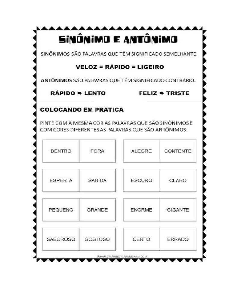 Atividade Sobre Antônimo e Sinônimo | PDF