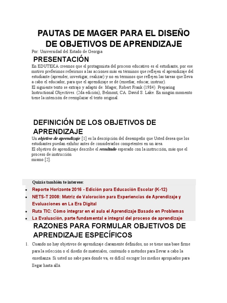 Pautas de Mager para El Diseño de Objetivos de Aprendizaje | PDF ...