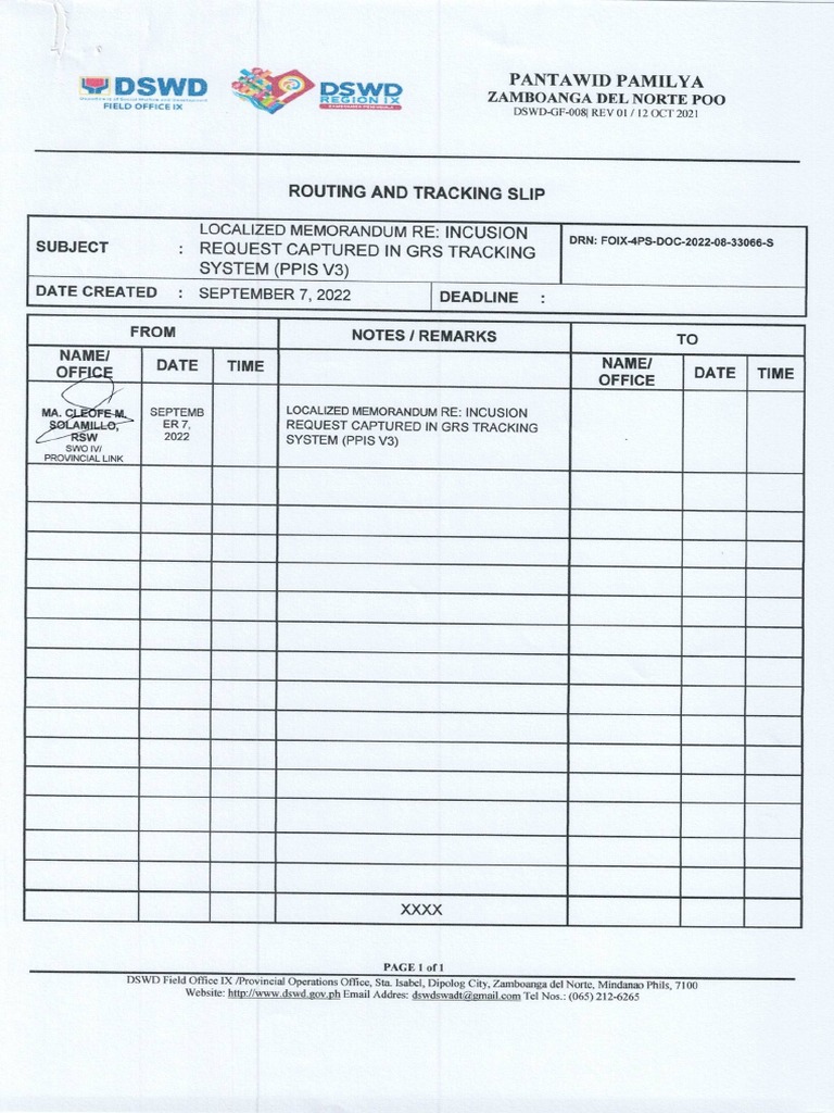 Localized Memo Inclusion Request Captured in GRS Tracking System PPIS ...