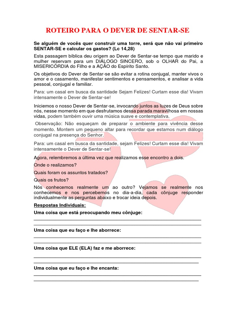 Guia para o Dever de Sentar-se: Um momento de diálogo sincero entre marido e mulher | PDF | Amor ...