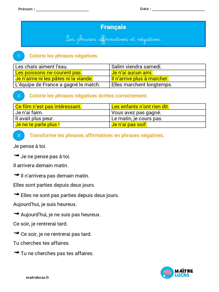 Exercices sur les phrases négatives | PDF | Arts du langage et discipline