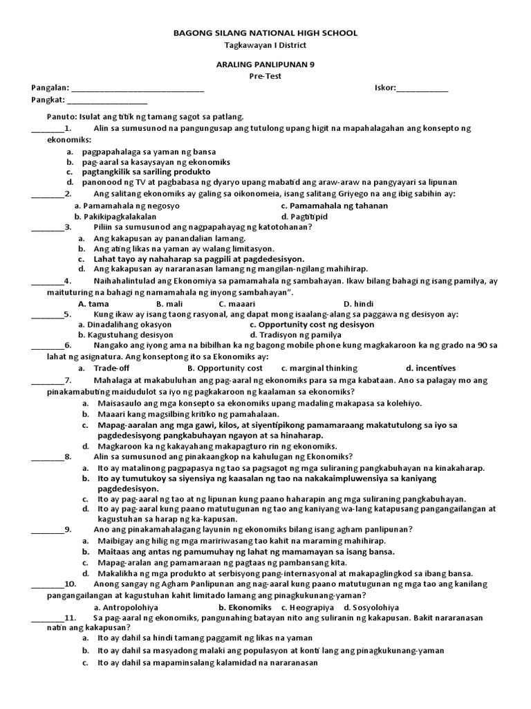 Pretest Ap9 ANSWER KEY | PDF