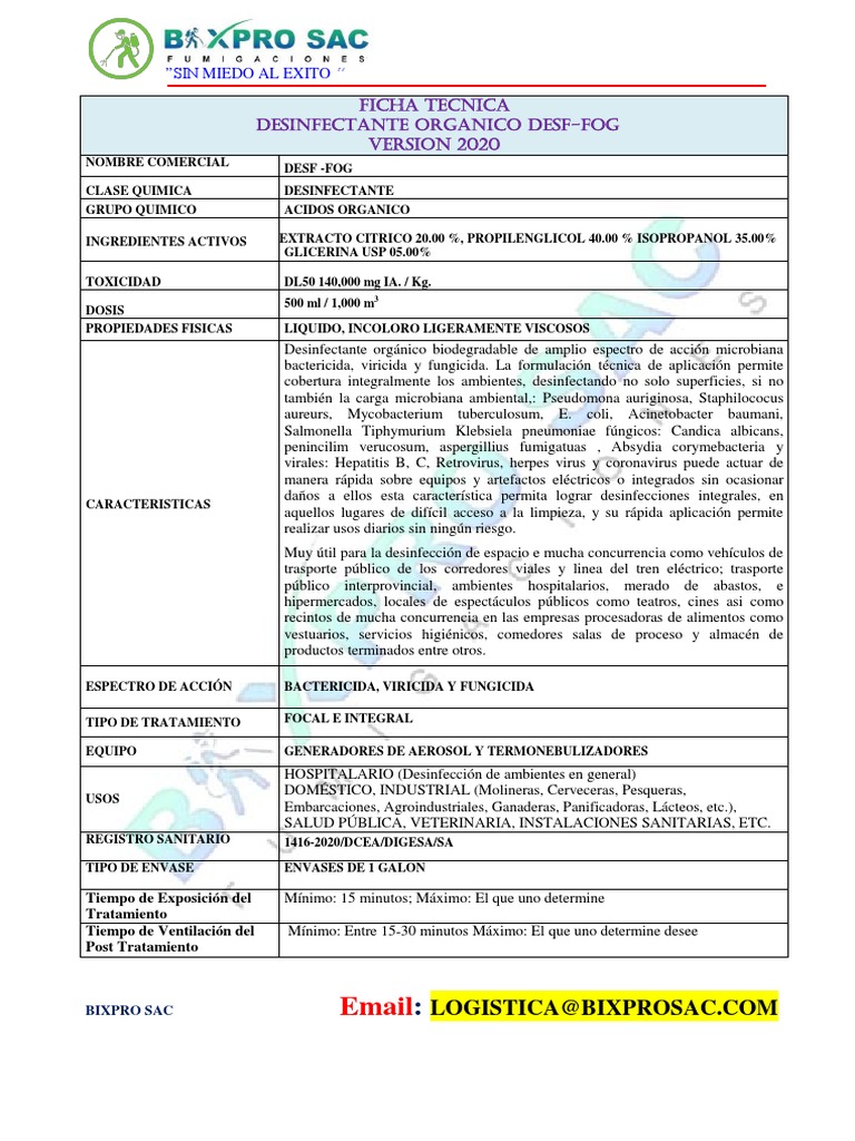 Bixpro Sac Des-Fog Ficha Tecnica | PDF | Medicina CLINICA | Ciencias de ...