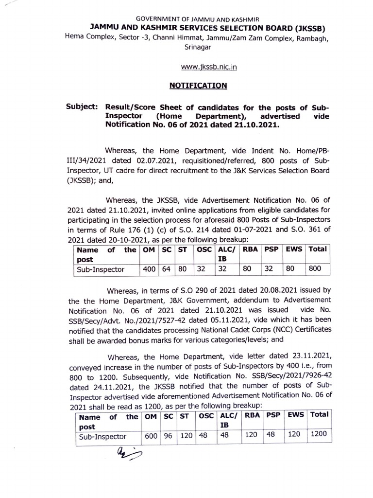 Sub-Inspector Recruitment Results 2022 | PDF | Government Of India