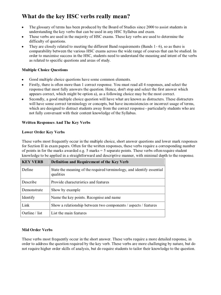 What Do The Key HSC Verbs Really Mean | PDF | Multiple Choice | Test ...