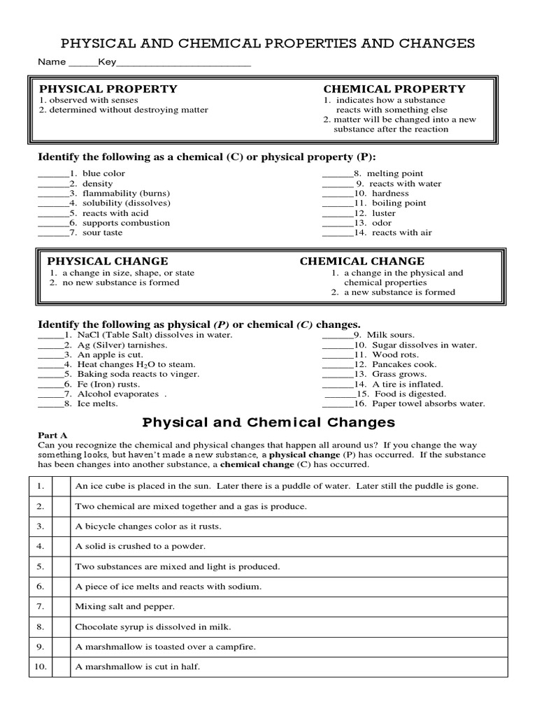 Physical and Chemical Changes Worksheet | PDF | Water | Chemical Substances