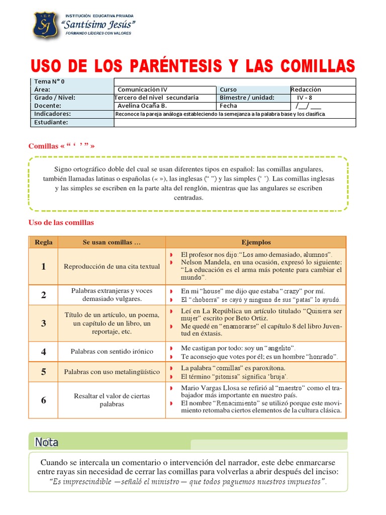 Uso de Los Parentesis y Las Comillas 4to | PDF | Comillas | Soporte