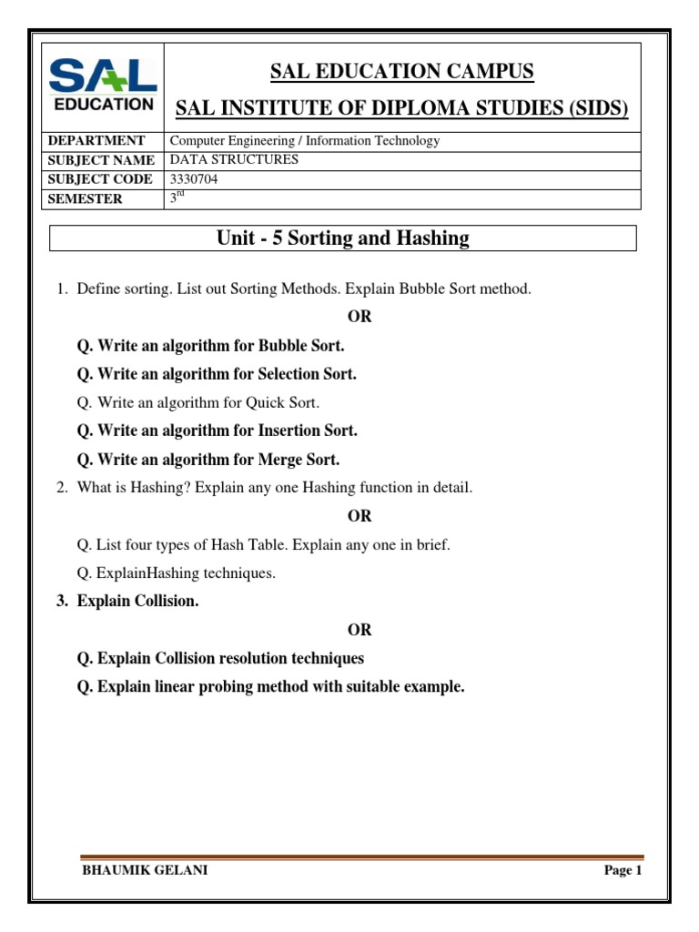 Unit - 5 Sorting and Hashing | PDF | Array Data Structure | Computer Data