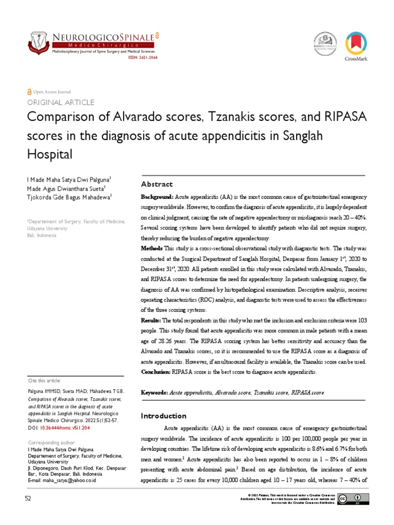 Comparison of Alvarado Scores, Tzanakis Scores, and Ripasa Scores in ...