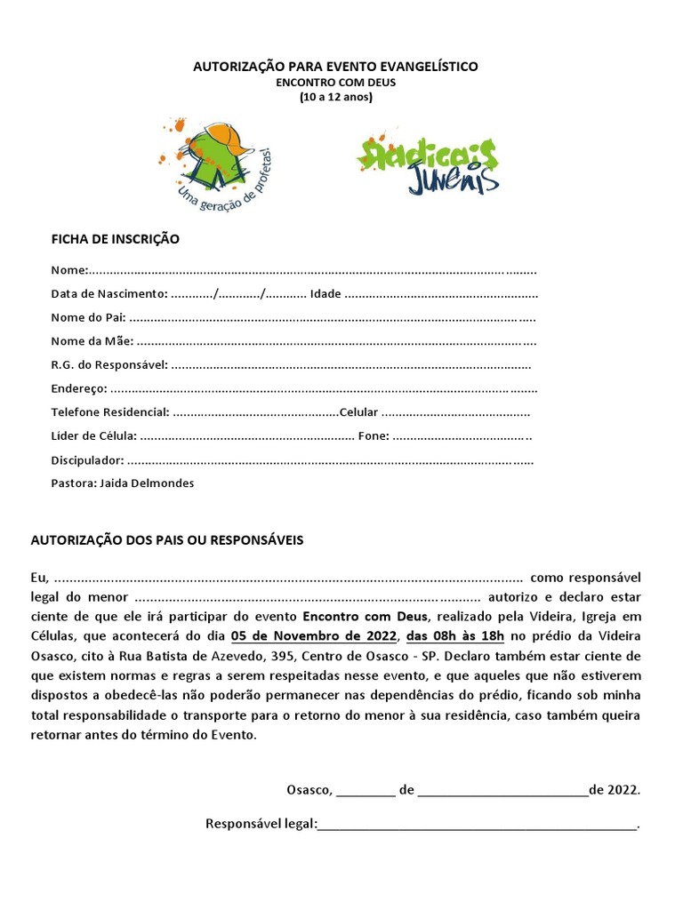Ficha de Inscrição e Autorização - Encontro Juvenis | PDF