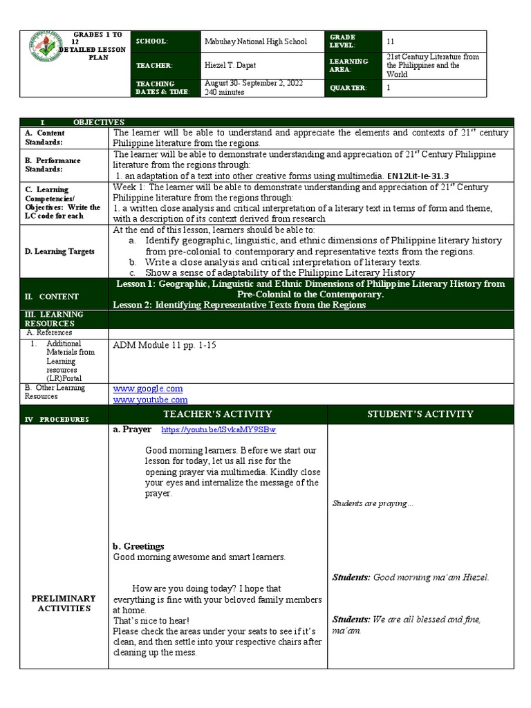 21st Century Lesson Plan Week 1 & 2 | PDF | Poetry | Genre