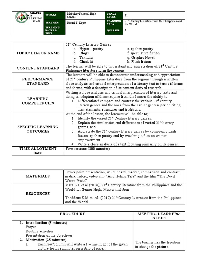 21st Century Literary Genres Lesson Plan | PDF | Genre | Poetry
