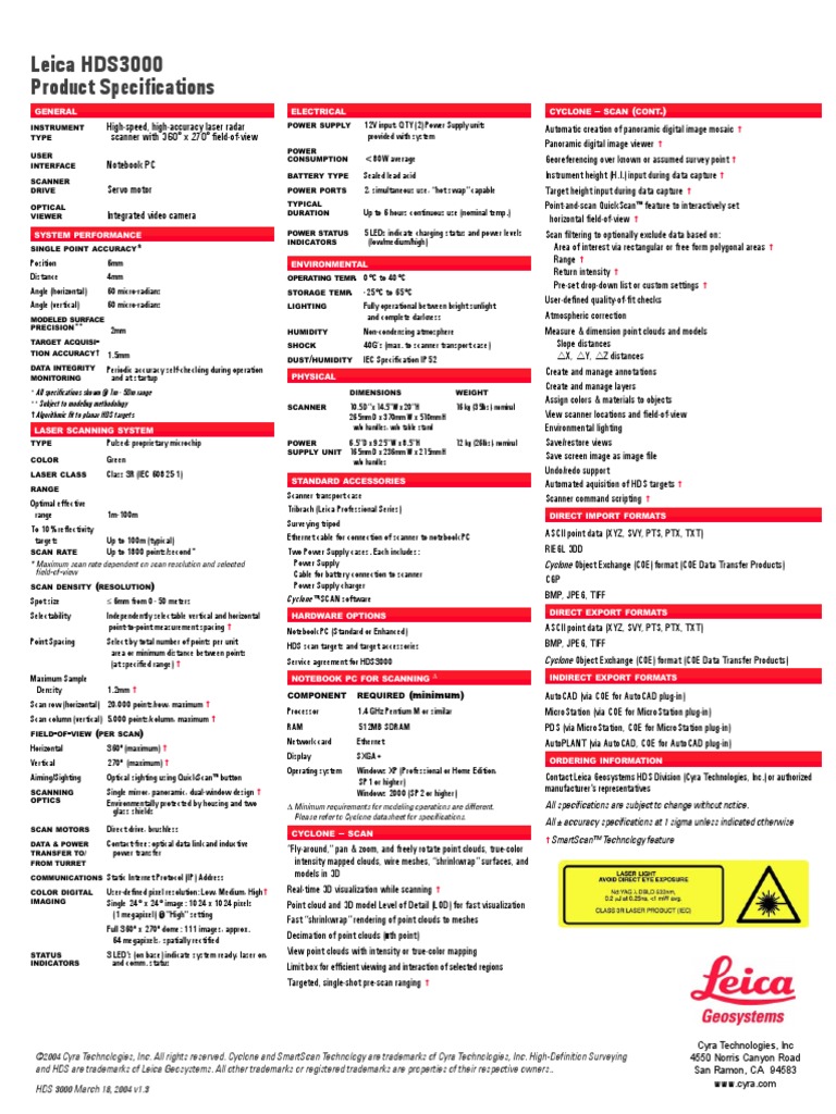 HDS3000 Spec Sheets | PDF | Image Scanner | Lidar