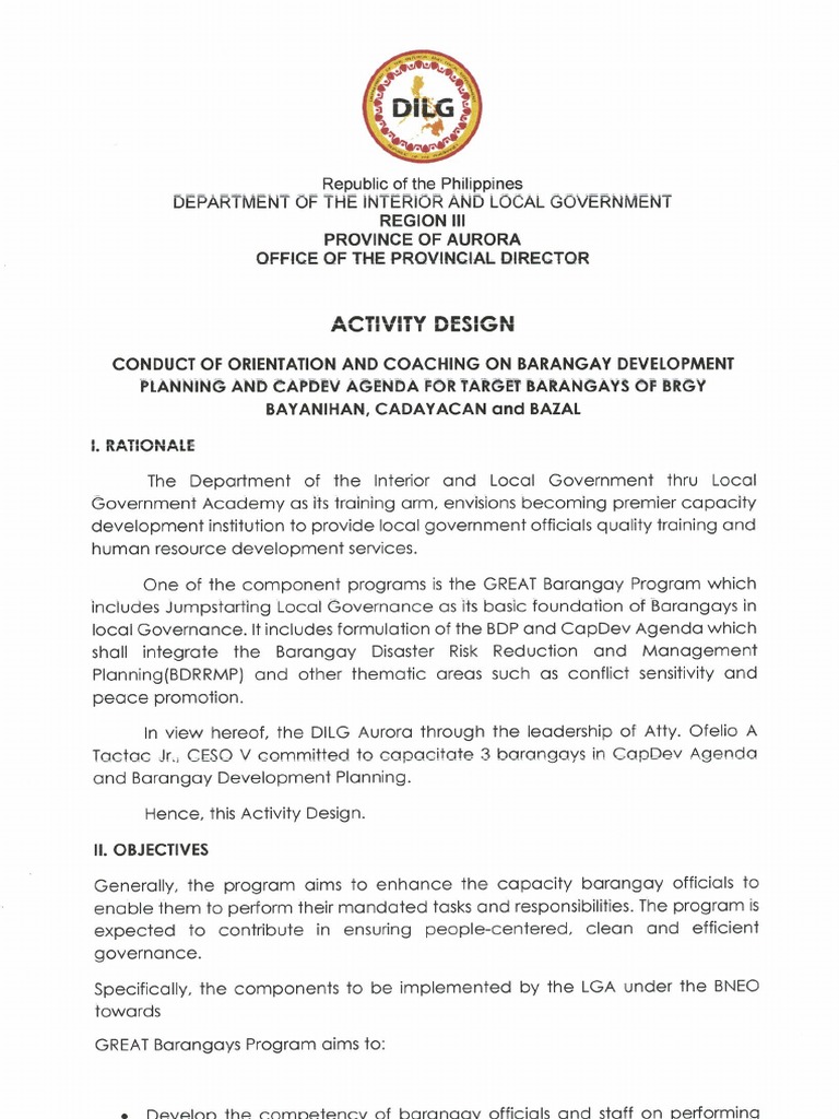 Activity Design Re Conduct of Orientation and Coaching On Barangay ...