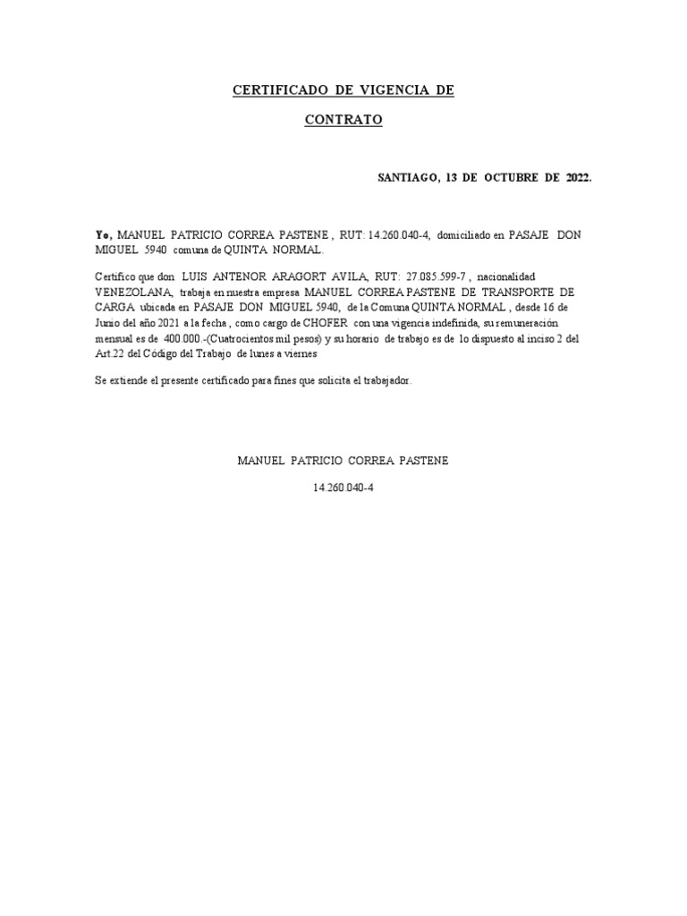 Certificado de Vigencia de Contrato | PDF