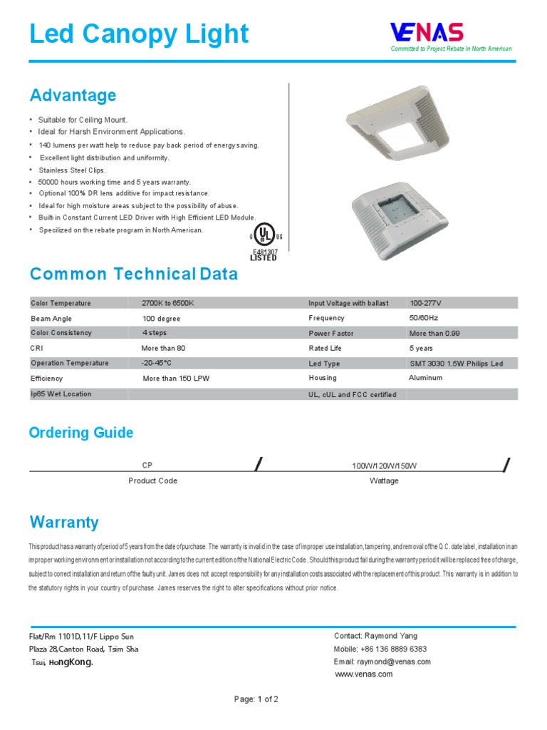 Led Canopy Light Generation 2 - VENAS-2022 | PDF | Quantity | Metrology
