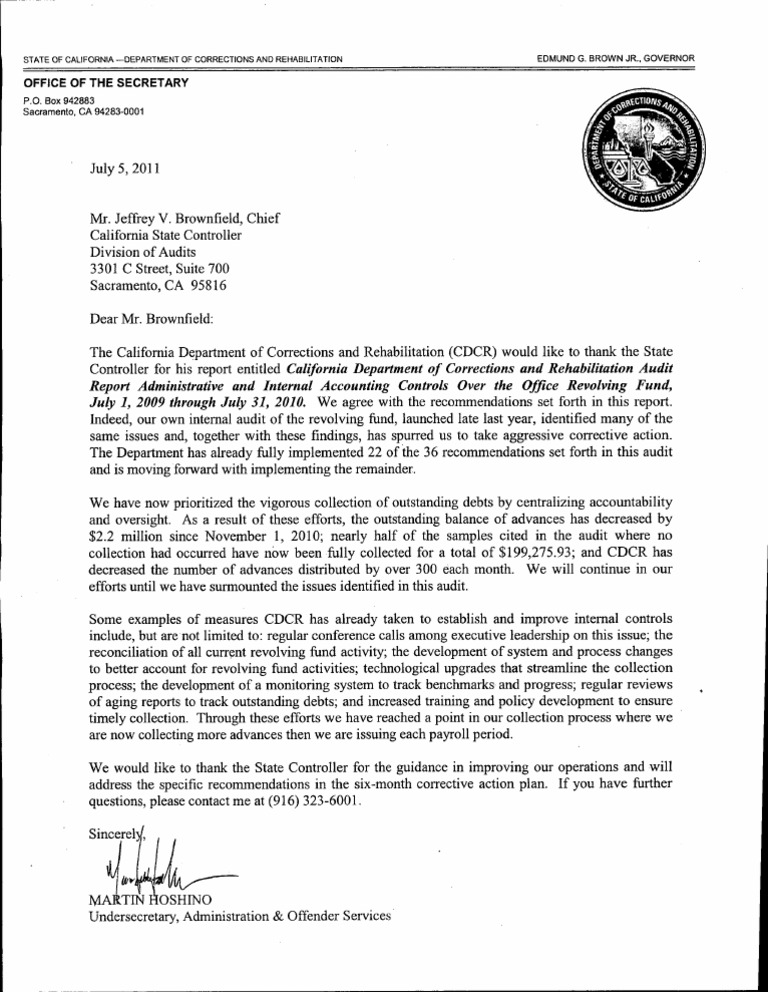 070511 CDCR Letter to State Controller | Internal Audit | Audit
