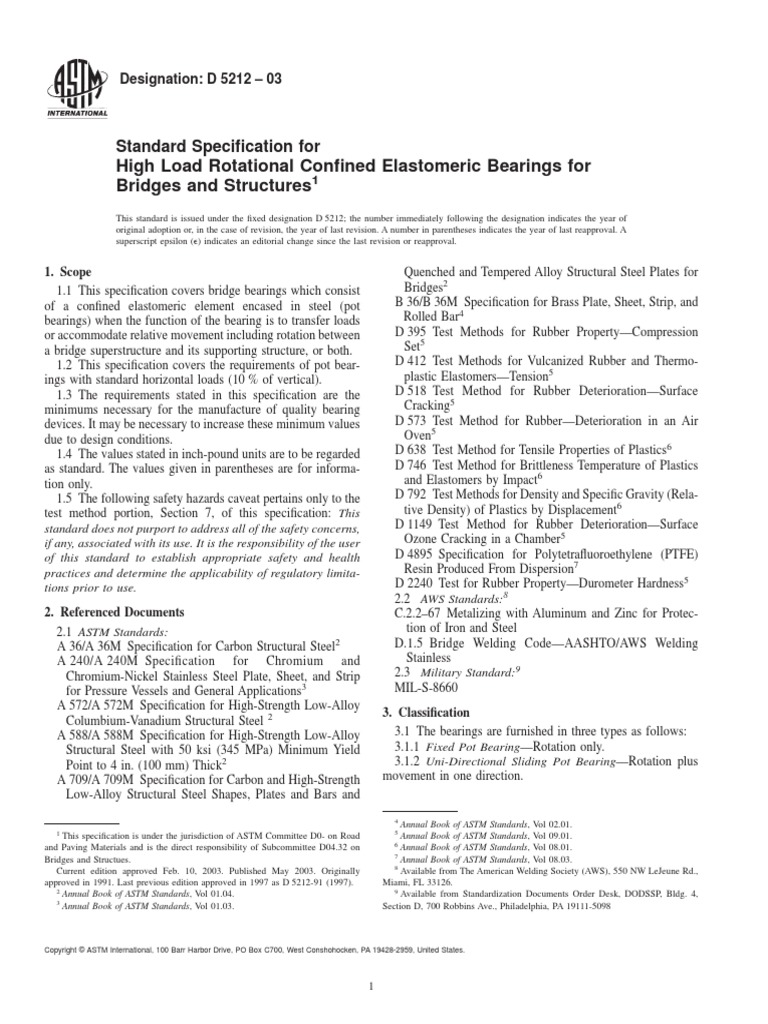 ASTM D-5212-03 Spec For High Load Rotational Confined Elastomeric Bearings For Bridges and | PDF ...