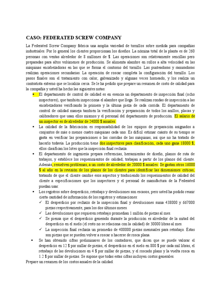 Ua1 Caso Federated Screq (Costos Calidad) | PDF | Tornillo