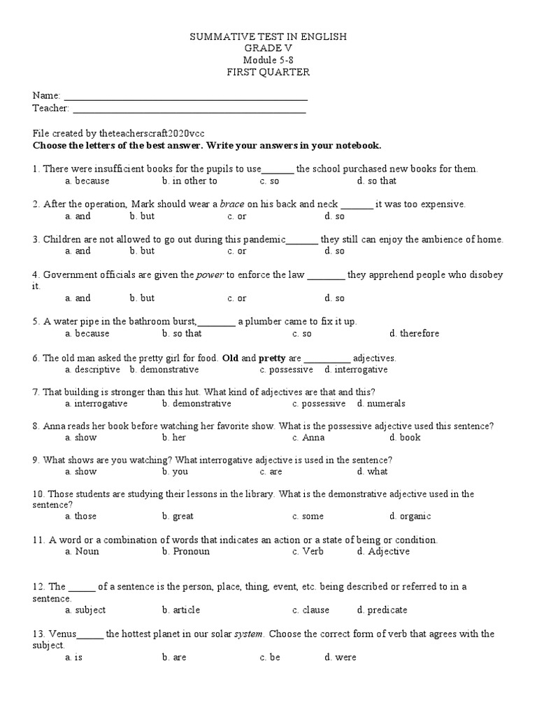 Summative Test in English 5 | PDF | Subject (Grammar) | Verb