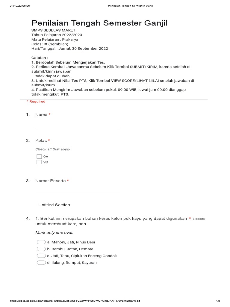 Prakarya Penilaian Tengah Semester Ganjil - Google Forms | PDF | Griya & Taman