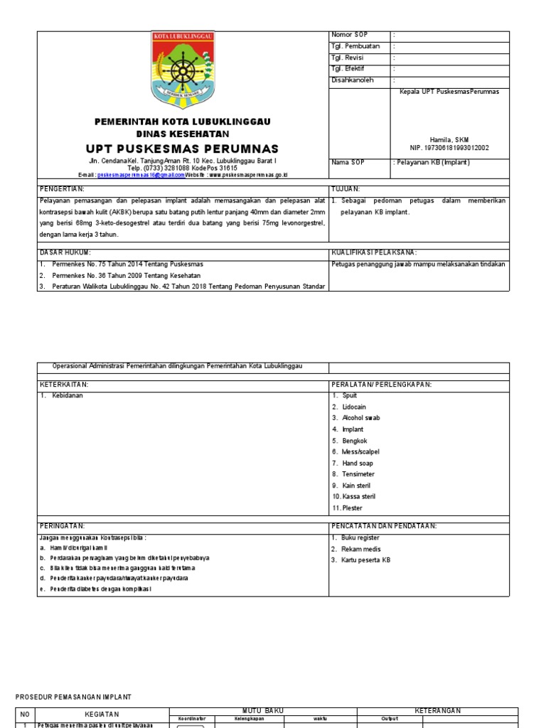 SOP Pelayanan KB Pemasangan Implant | PDF