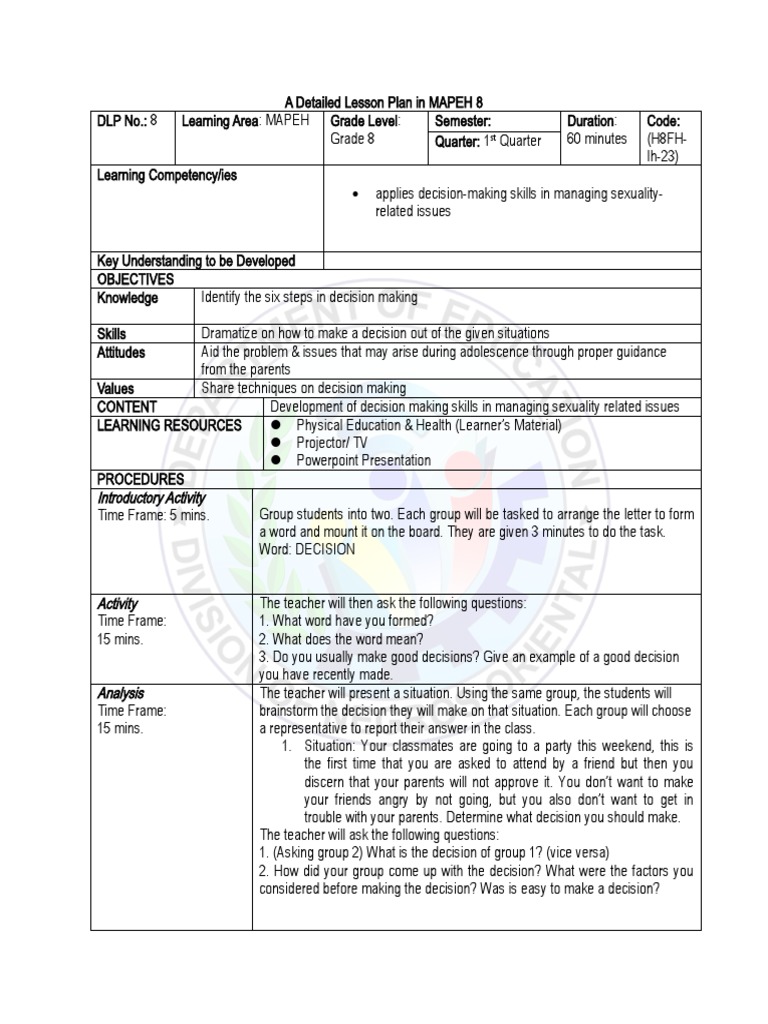 Health8 Q1 DLP8 | PDF | Decision Making | Learning