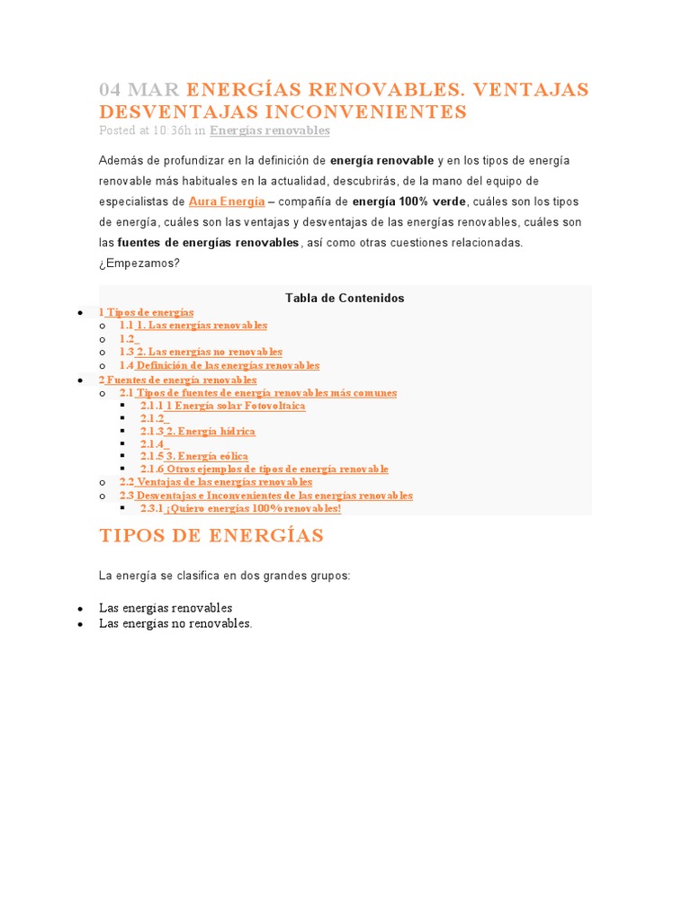 Ventajas y desventajas de energías renovables | PDF | Energía renovable ...