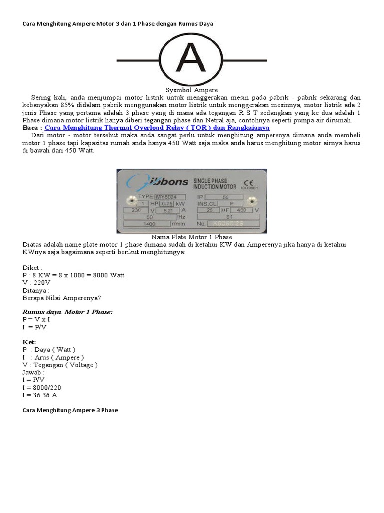 Cara Menghitung Ampere Motor 3 Dan 1 Phase Dengan Rumus Daya | PDF