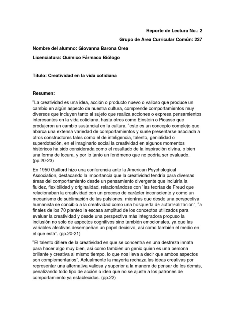 Reporte de Lectura No 2 Creatividad | PDF | Creatividad | Pensamiento