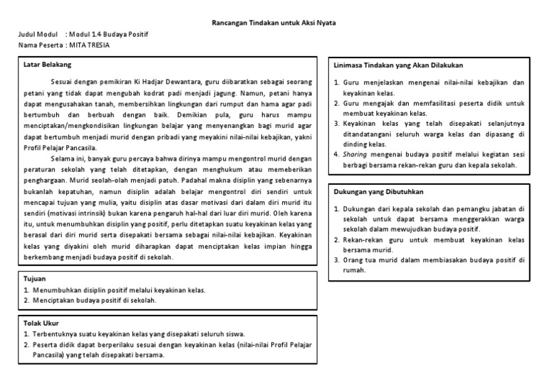 Rancangan Tindakan Untuk Aksi Nyata Modul 1.4 | PDF