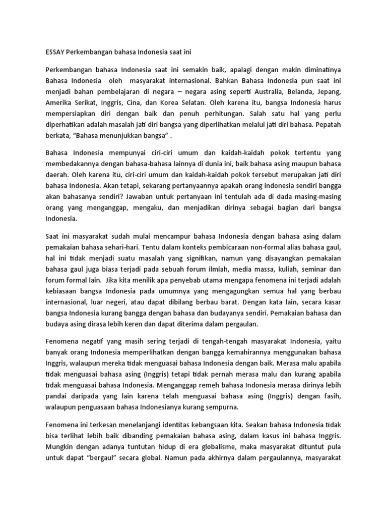 ESSAY Perkembangan Bahasa Indonesia Saat Ini | PDF ESSAY Perkembangan Bahasa Indonesia Saat Ini | PDF