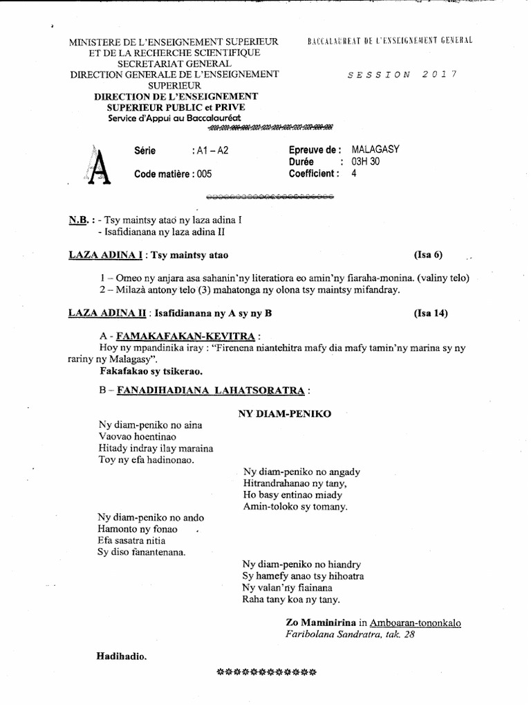 Bac2017 Malagasy A | PDF