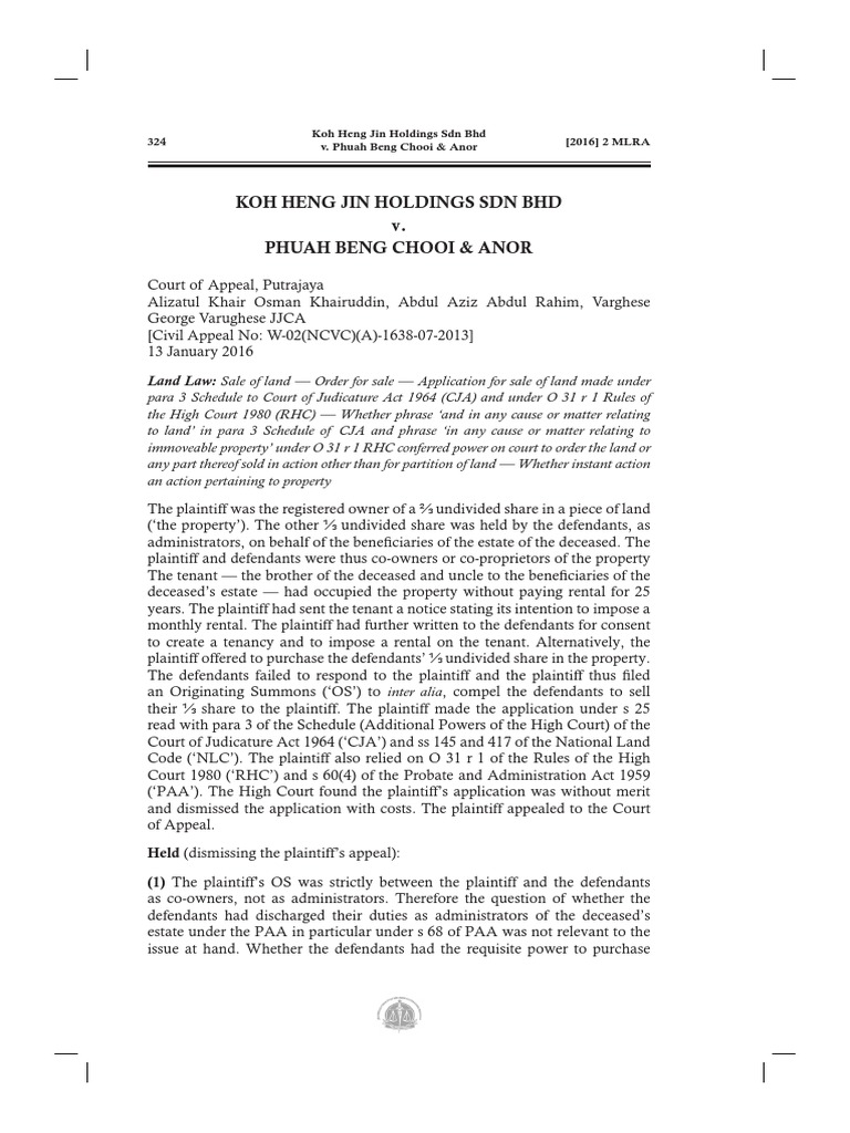 Koh Heng Jin Holdings SDN BHD v. Phuah Beng Chooi & Anor (2016) 2 MLRA ...