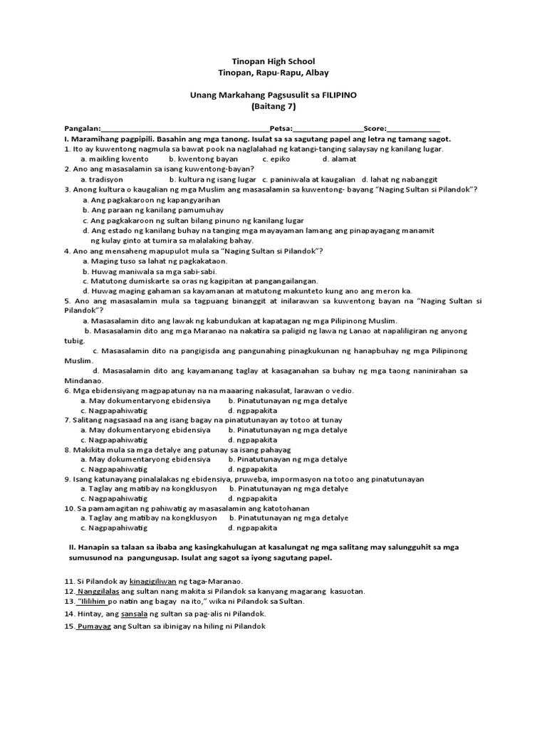 Unang Markahang Pagsususlit Sa Fil-7 | PDF