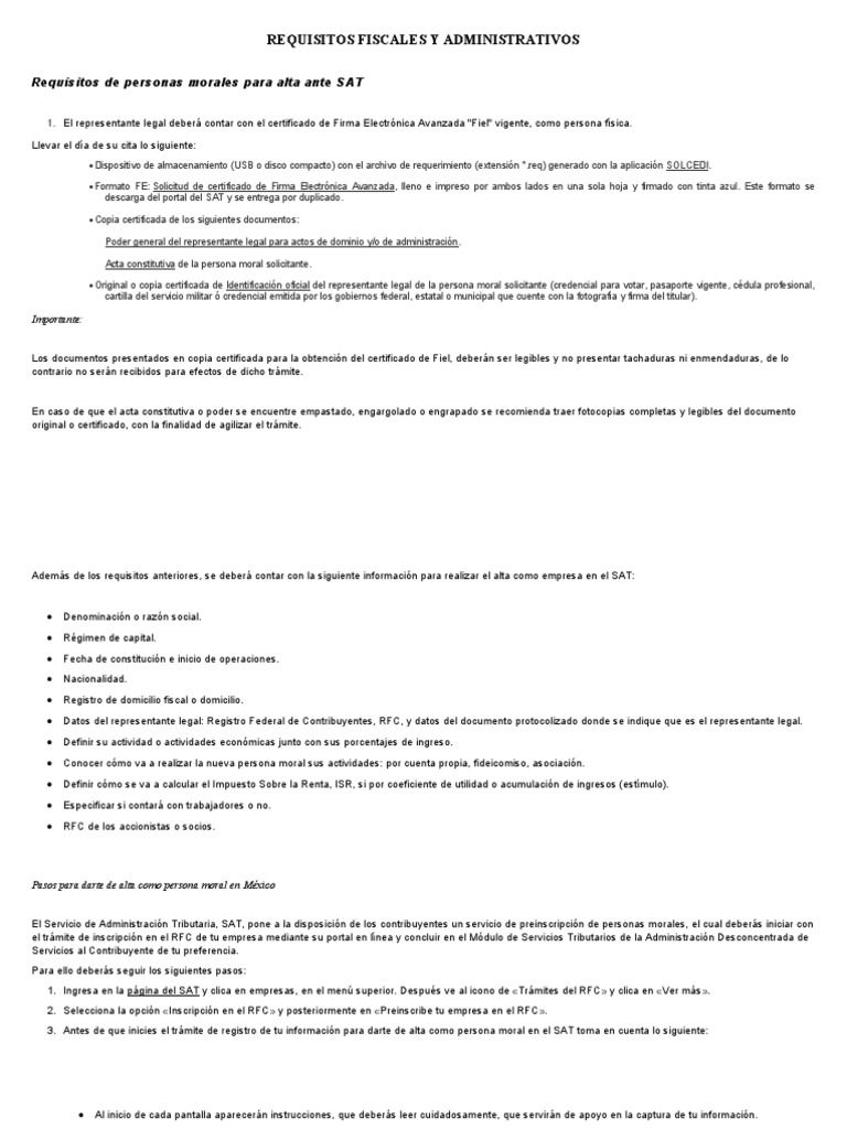 Requisitos para dar de alta una empresa en el SAT | PDF